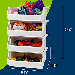 ReadySpace Plastic Containers for Organizing and Storage Bins for Closet, Kitchen, Office, Garage or Pantry Organization, Stackable Bins, Extra Large (14.8" x 16.5" x 7"), 4-Pack, White