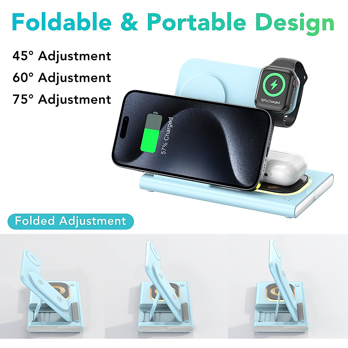 3 in 1 Foldable Charging Station for Apple Products,Fast Wireless Charger Travel Dock Adapter&Light for iPhone 15/14/13/12/11/X/XS/XR 8,iWatch Ultra 2/9/Ultra/8/7/6/SE/5/4/3,Air pods 3/2/Pro/2 (Blue)