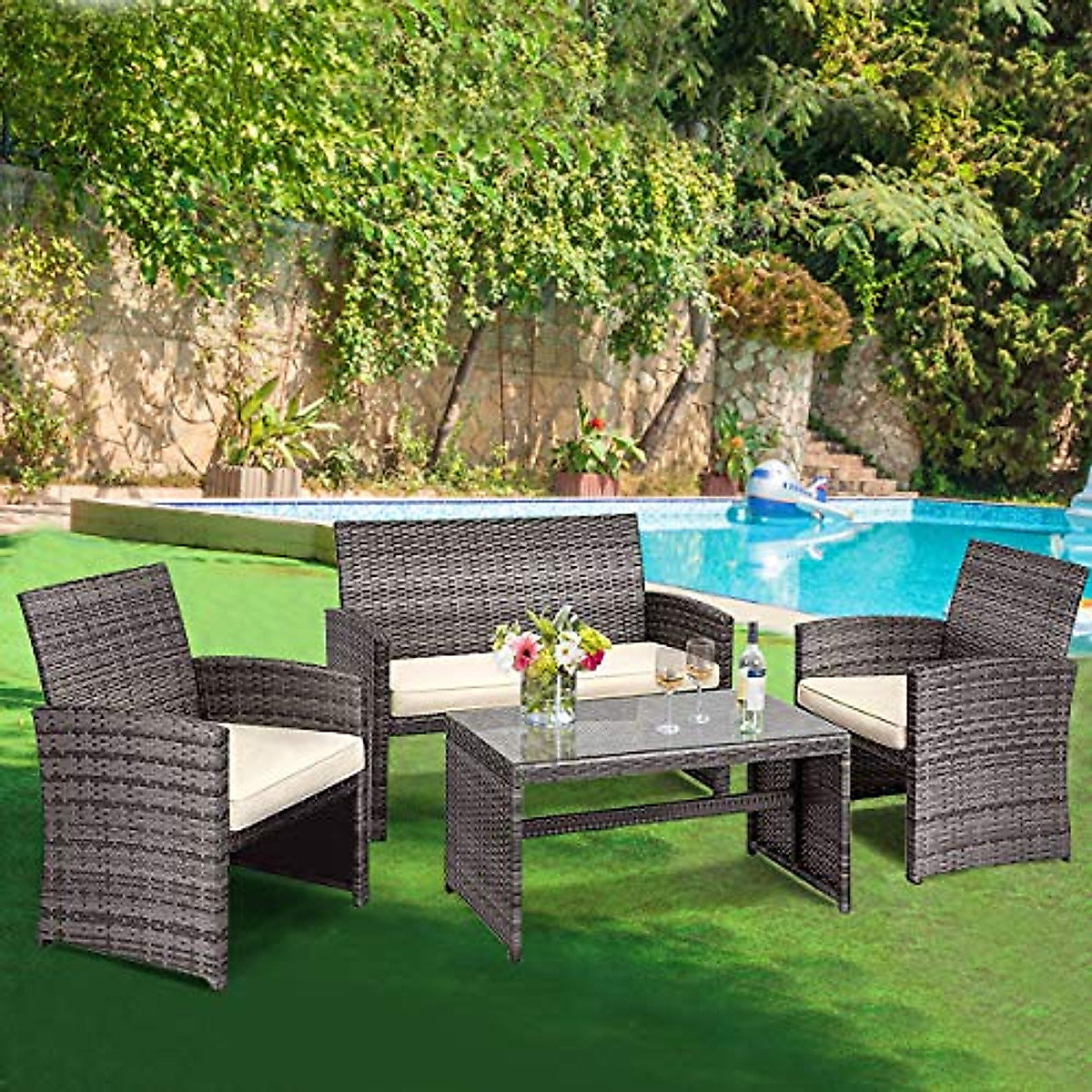 Goplus Rattan Patio Furniture Set 4 Pieces, Outdoor Wicker Conversation Sofa and Table Set with Soft Cushions & Tempered Glass Coffee Table for Balcony Garden Backyard (Beige(Mixed Color Wicker))