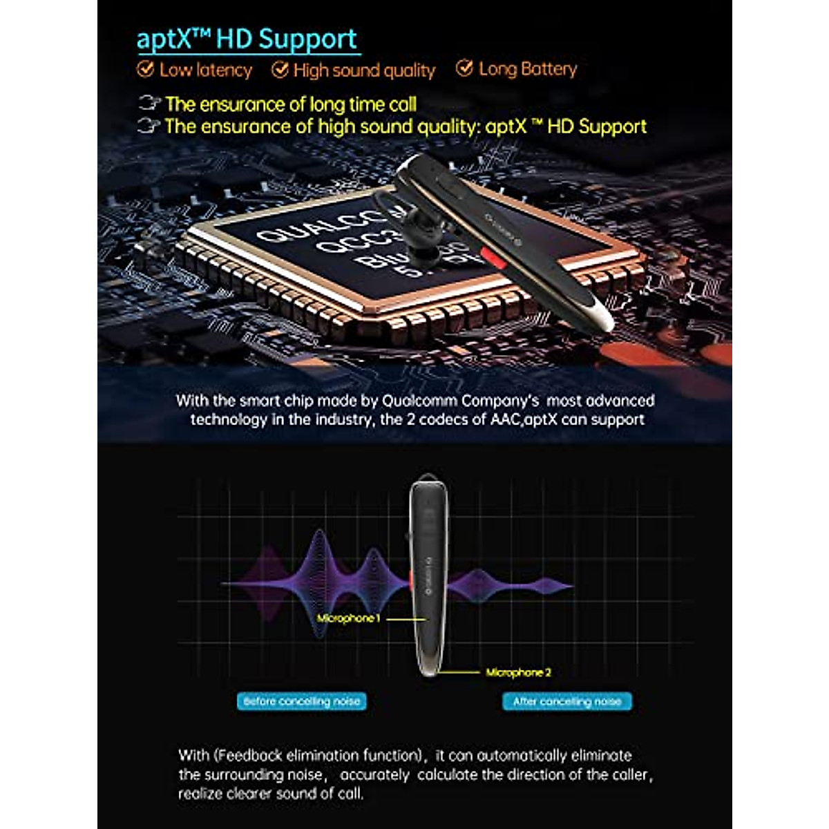 Glazata Wireless Headset with ENC Dual Mic Noise Canceling & Mute Key, apt-X & apt-X HD for Driving, Office, Business, Compatible with Cell Phone and PC 「Black」