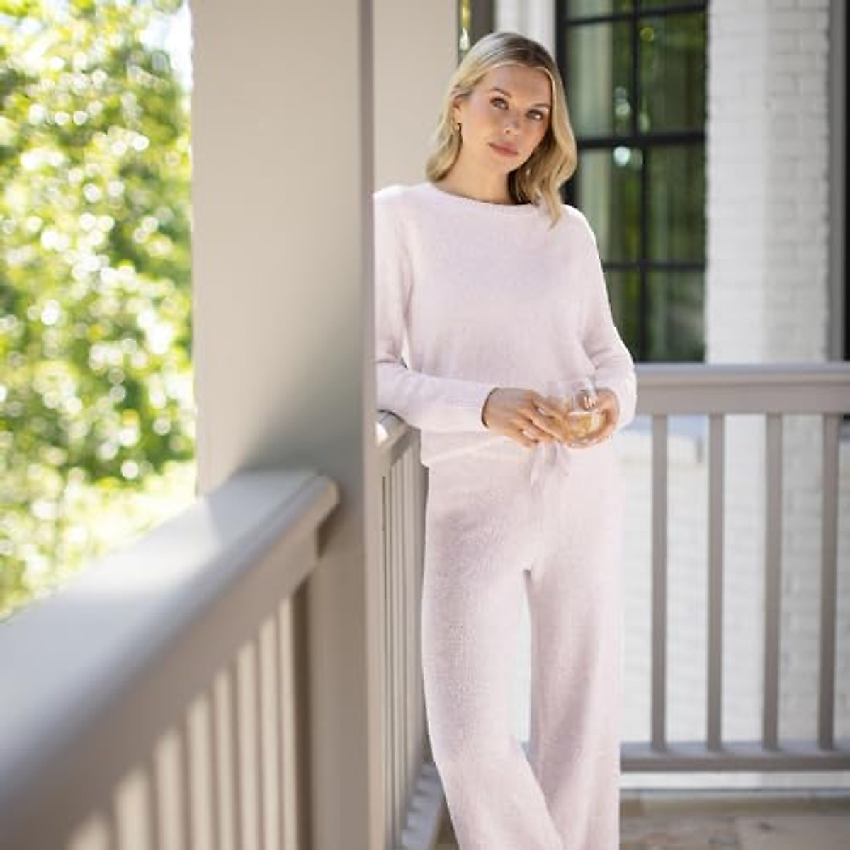 Softies Solid Marshmallow Reverse Seam Crew Neck Lounge Set for Women, 2 Piece Loungewear with Bracelet Sleeves, Made of Cloud Soft Fabric, Blush Pink, Large