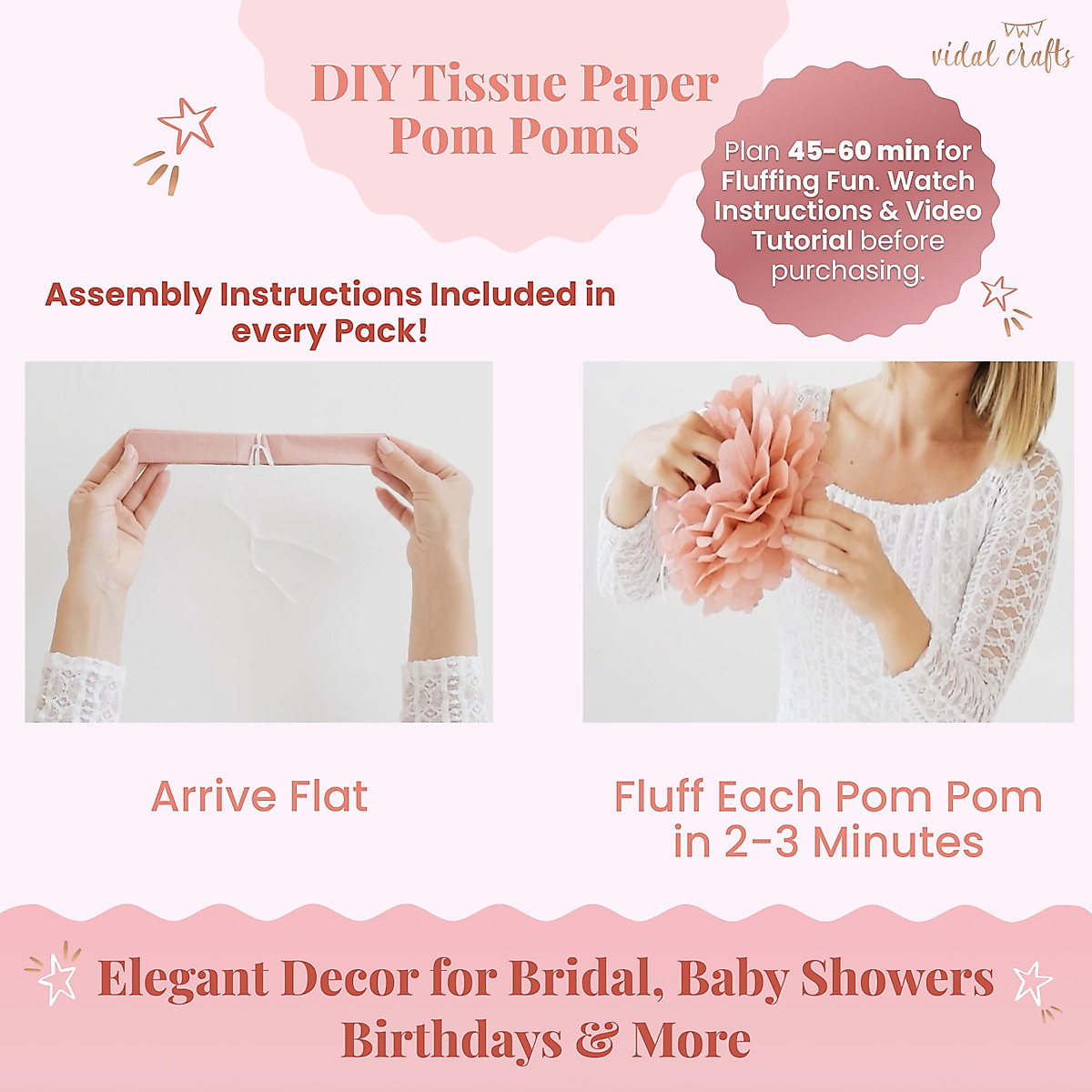 Vidal Crafts 20 PCS Dusty Pink, Rose Gold, Ivory, Pastel Grey, Tissue Paper Pom Poms Kit, 14", 10", 8", 6", Tissue Paper Flowers for Wedding, Birthday, Bridal Shower, Bachelorette, Baby Shower Décor