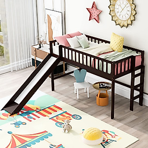 KELRIA Twin Size Loft Bed with Safety Guardrail and Slide, Wooden Construction, Double Bed w/Ladder, Space Saving, for Children's Room. Bedroom, Kids Teens Girl Boys, Easy to Assemble, Black