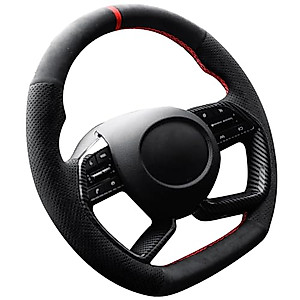 Alfanxi Hand Stitch Alcantara Steering Wheel Cover Compatible with Hyundai Elantra New i20 Elantra Bayon 2022 2023(Red Stripe)