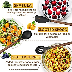 Silicone Cooking Utensil Set, Umite Chef 8-Piece Kitchen Utensils Set with Natural Acacia Wooden Handles,Food-Grade Silicone Heads-Silicone Kitchen Gadgets Set for Nonstick Cookware- Black