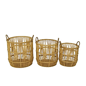 Deco 79 Wood Handmade Decorative and Functional Storage Basket Basket Organizer with Handles, Set of 3 Basket for Storage 19", 17", 15"H, Brown