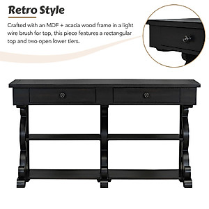 Retro Solid Wood Console Table with Ample Storage, Classic Sofa Table Sideboard Accent Entryway Table with 2 Drawers and Open Adjustable Shelves for Entrance Dinning Room Living Room (Antique Black)