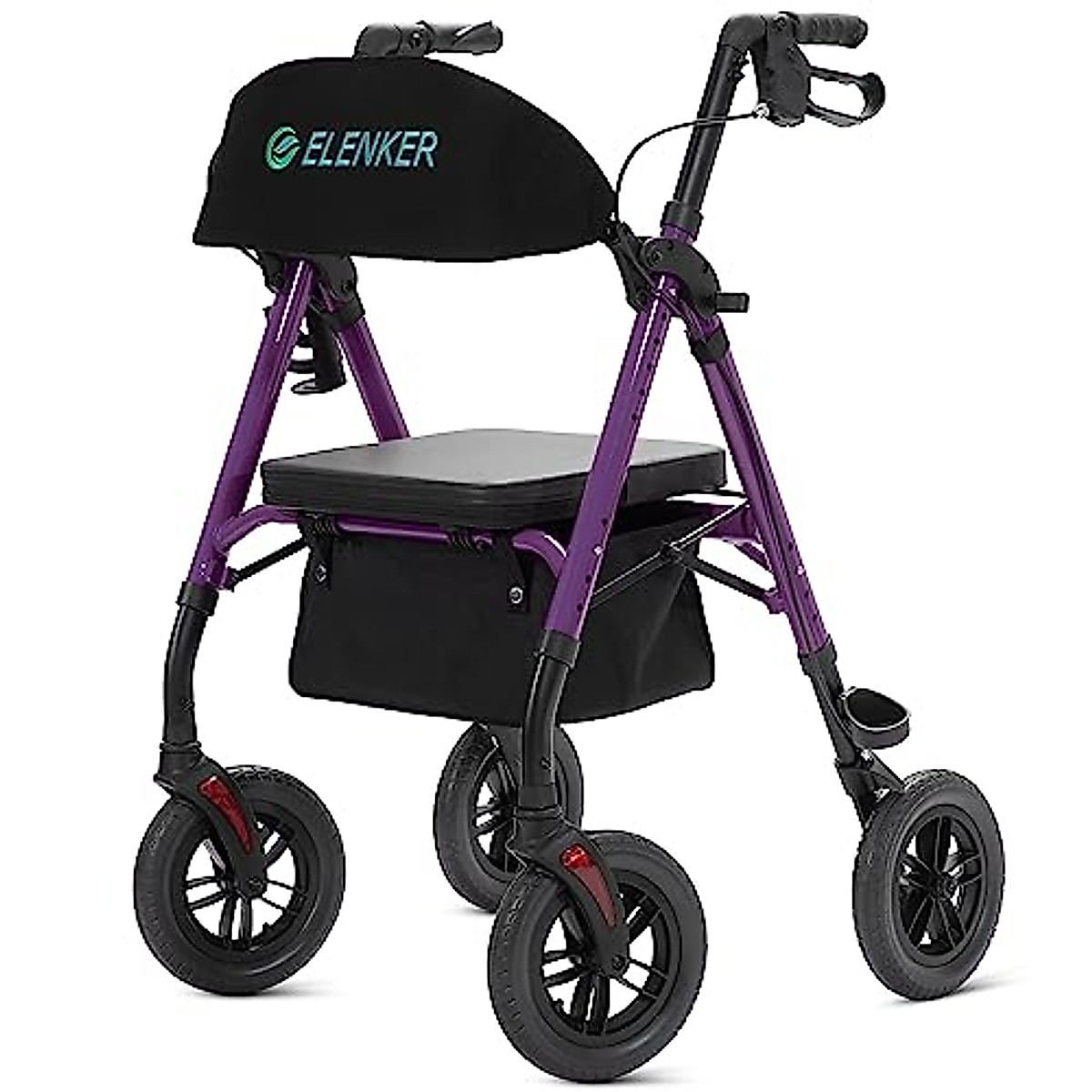 ELENKER All-Terrain Rollator Walker with 10” Non-Pneumatic Wheels, Sponge Padded Seat and Backrest, Fully Adjustment Frame for Seniors, Purple