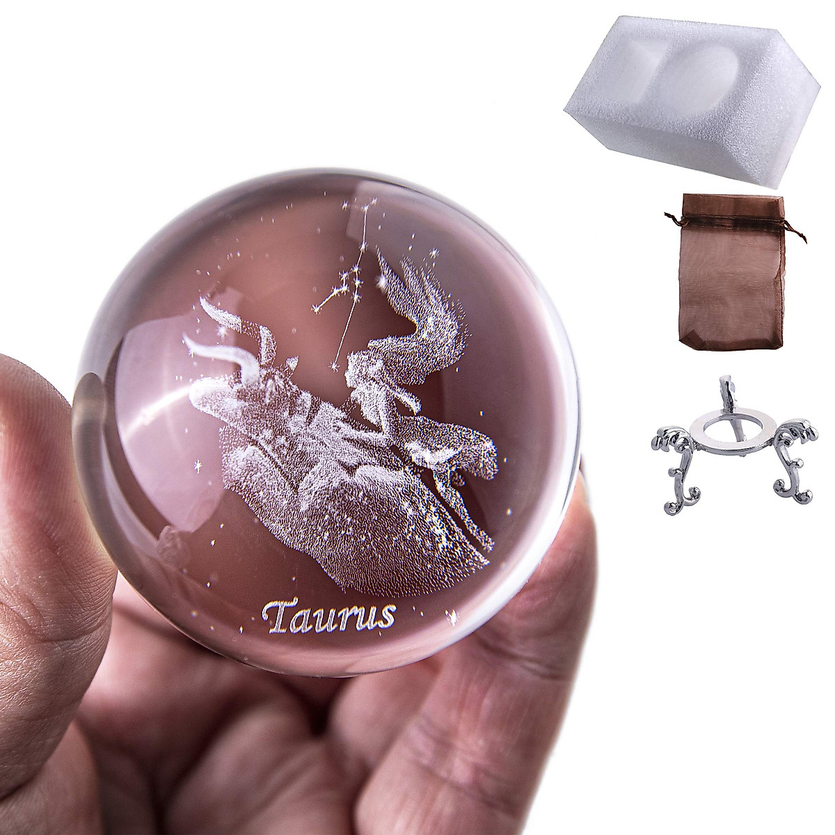 HDCRYSTALGIFTS 3D Laser Constellation Crystal Ball Crystal Paperweight Full Sphere Glass Fengshui with Sliver-Plated Flowering Stand(Taurus)