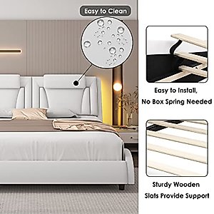 Keyluv Modern Upholstered Bed Frame with Adjustable LED Headboard, Pu Leather Platform Bed with Wave-Like Curve Design and Solid Wooden Slats Support, No Box Spring Needed, Noise Free, King, White