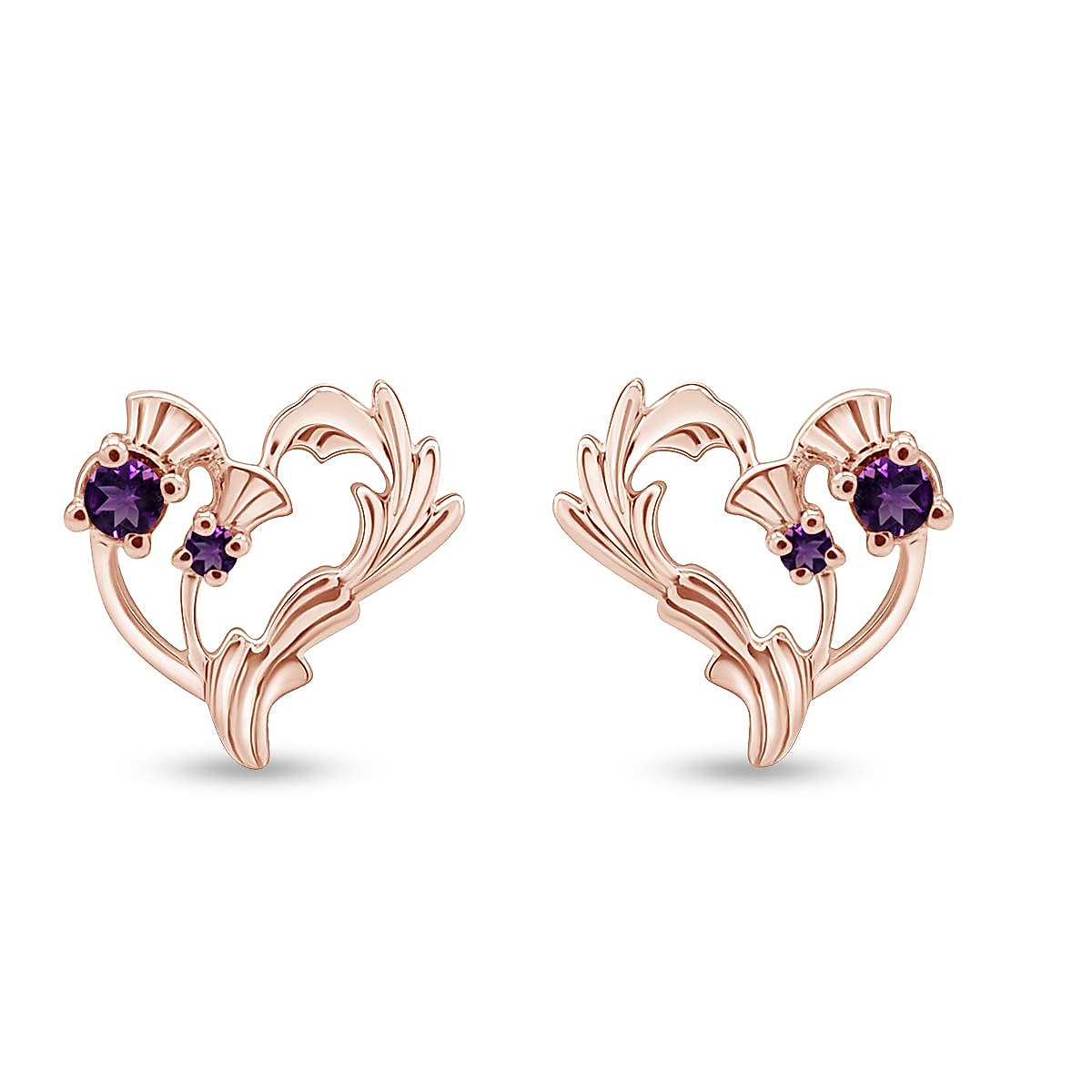 Thistle Heart Simulated Amethyst Stud Earrings in 14k Rose Gold Over Sterling Silver