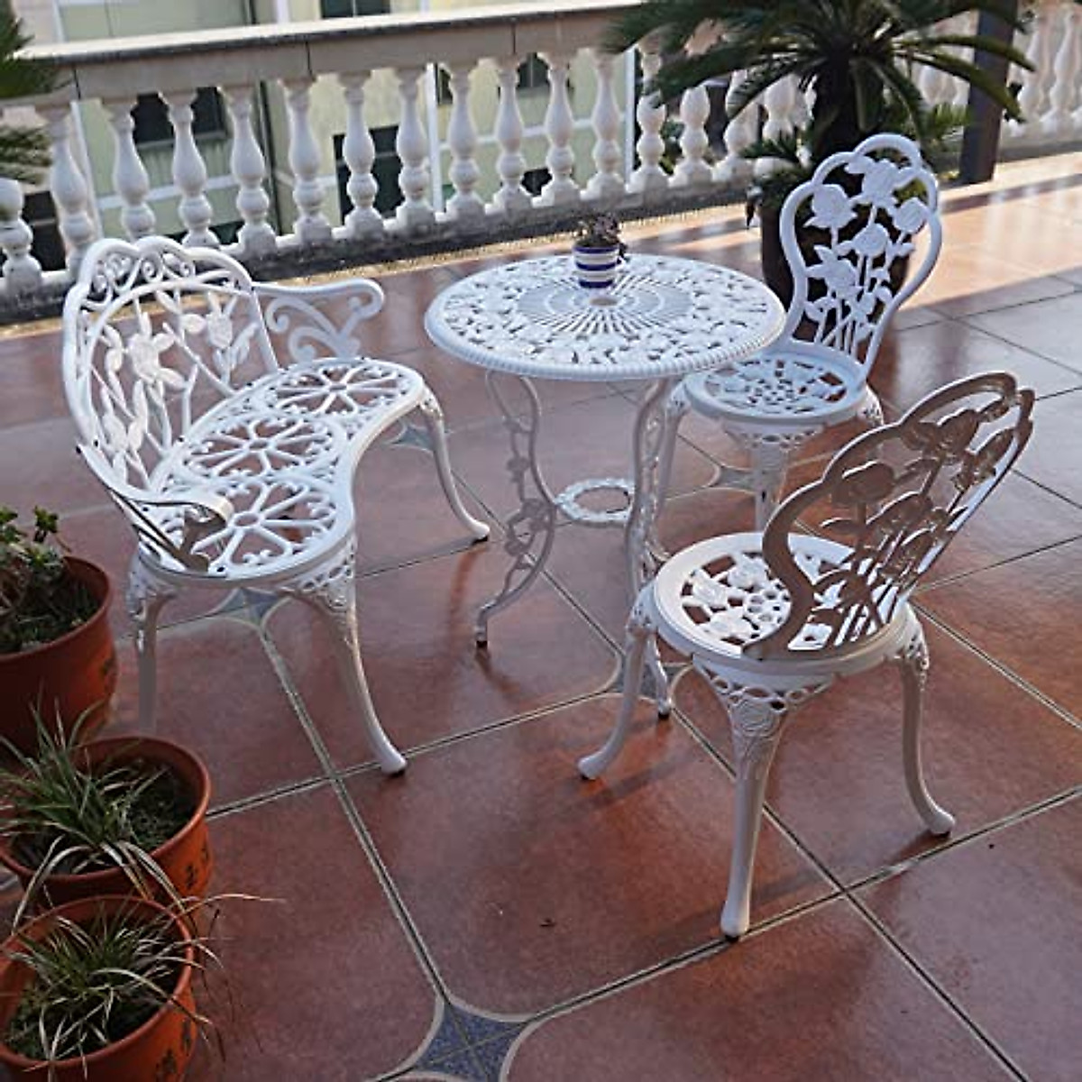 KAI LI Outdoor Outdoor Tables and Chairs cast Aluminum Four Piece Set, Including a Table, Two Round Chairs and a Bench Rose White Style Swimming Pool Leisure