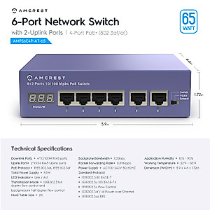 Amcrest 6-Port, POE+ Power Over Ethernet POE Switch with Metal Housing, 4-Ports POE+ 802.3at 65w (AMPS6E4P-AT-65)