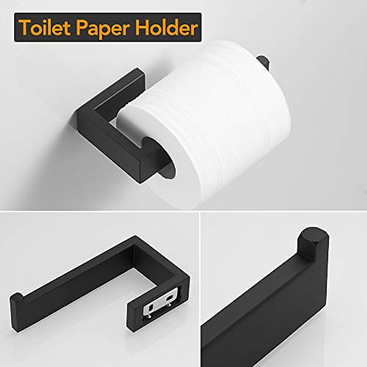 BESy 4 Piece Bathroom Accessories Set (23.6'' Towel Bar, Hand Towel Holder Towel Rack, Toilet Paper Holder, Double Towel Hooks), Wall Mounted Bath Hardware Fixtures Set, Stainless Steel/Matte Black