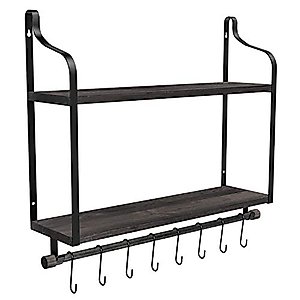 NEARPOW 2 Tier Wall Shelf Floating Shelves Wall Mounted, Pine Wood Industrial Shelves for Wall with Hooks and Towel Toilet Paper Holder, Storage Book Shelf for Pantry, Bathroom, Kitchen, Living Room