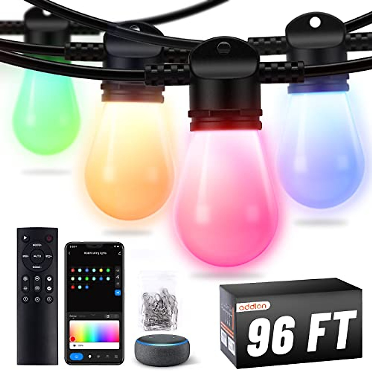 addlon 96FT Outdoor String Lights, Dimmable Outdoor Lights with Remote & APP Control, Patio Lights with 30 Waterproof Shatterproof LED Bulbs, Smart RGB String Lights Outsides Work with Alexa for Patio