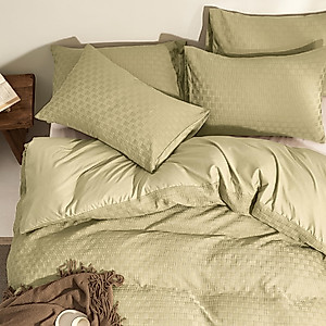 JELLYMONI Beigish Green Duvet Cover Queen Size - 3 Pieces Soft and Breathable Microfiber Knitted Jacquard Waffle Weave Striped Comforter Cover with 8 Corner Ties & Zipper Closure