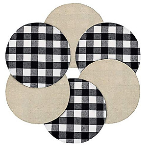 Senneny Round Placemats Set of 6 - Black and White Buffalo Plaid Placemats - Reversible Cotton and Burlap Placemats for Round Tables - Farmhouse Placemats for Dining Table