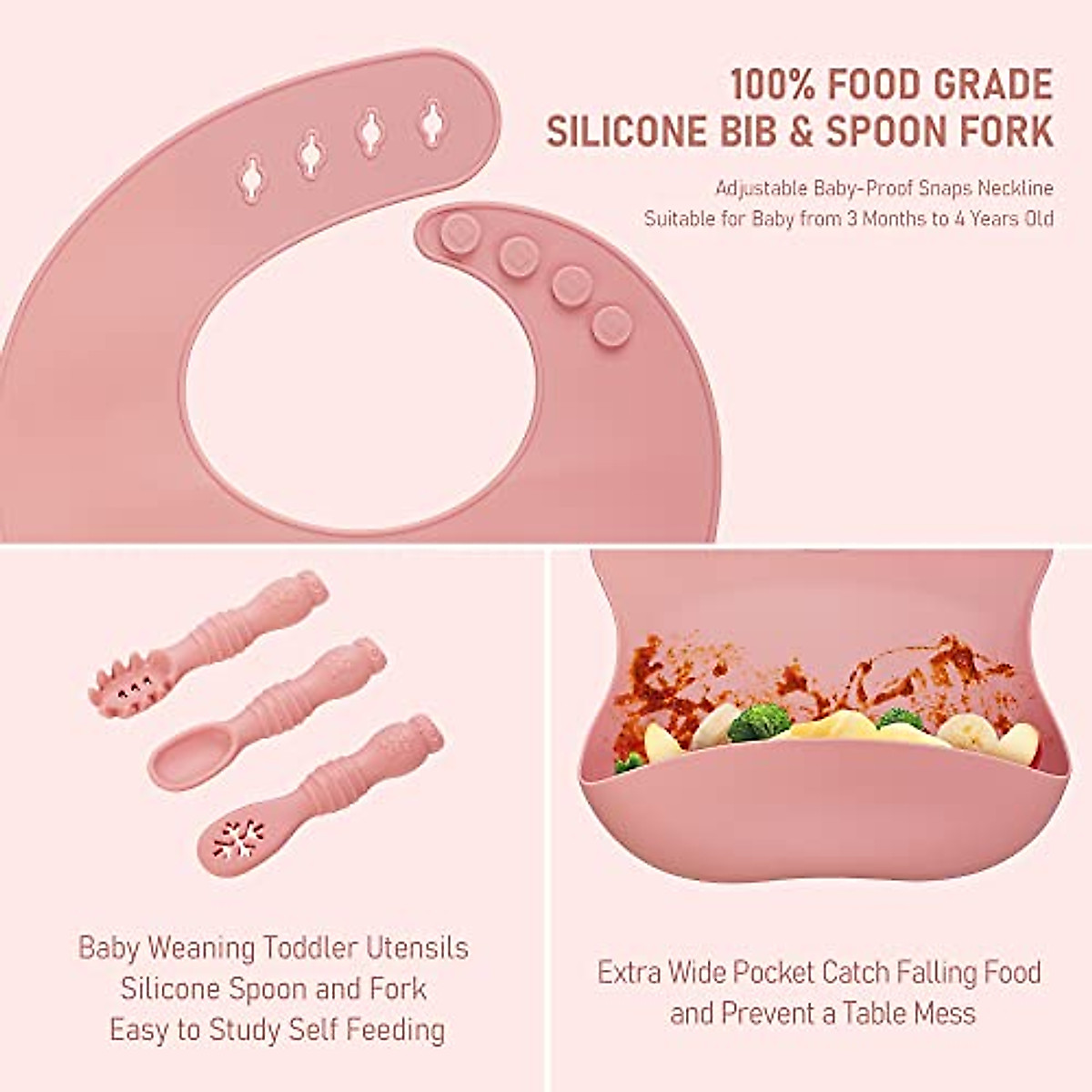 Baby Weaning Set, Silicone Baby Feeding Set(10 Pcs), Toddler Weaning Set with Adjustable Bib, Suction Bowl, Plate, Fork, Spoon, Water & Snack Cup Kit for Babies, Toddler and Kids(Pink)