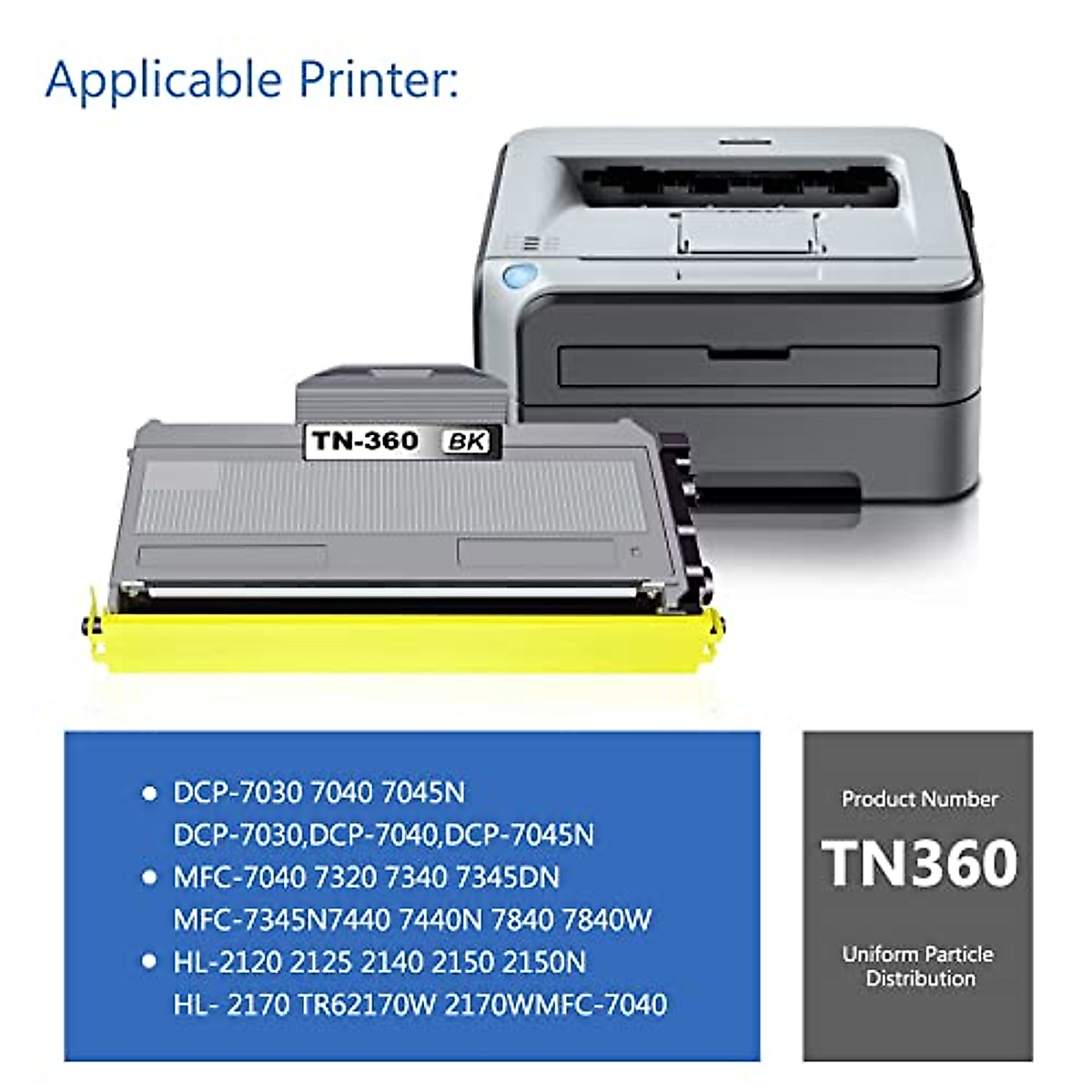 EDH Compatible TN360 TN-360 Toner Cartridge Replacement for Brother High Yield Compatible with DCP-7030 7045N 7040 MFC-7040 7320 7345DN 7440 7840W HL-2150N 2170 TR62170W 2170W Printer (1 Pack, Black)