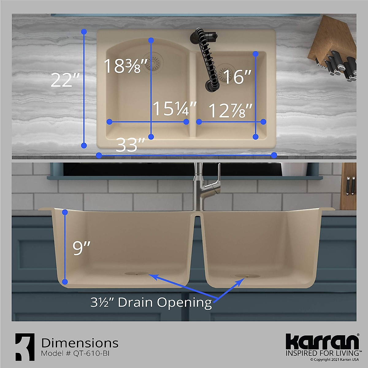 Karran QT-610 Drop-In Quartz Composite 33 in. 1-Hole 60/40 Double Bowl Kitchen Sink in Bisque
