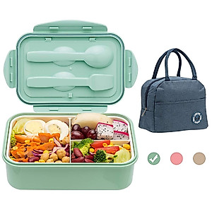 Bento Boxes for Adults, 1100 ML Bento Lunch Box For Kids Childrens With Utensils, Insulated Lunch Bag, Durable for On-the-Go Meal, BPA-Free and Food-Safe Materials(Green With Bag)