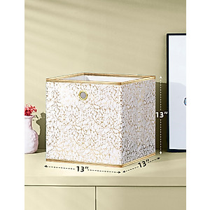 DAMAHOME Fabric Storage Cube Bins, Foldable 13 Inch Cube Storage Bins with Grommet Handle, 4-Pack Collapsible Cubby Organizer for Shelves, Closet, Nursery, Toys, White Gold