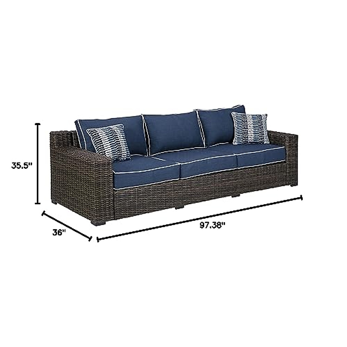 Signature Design by Ashley Grasson Lane Outdoor Patio Wicker Sofa with Cushion and 2 Pillows, Brown & Blue