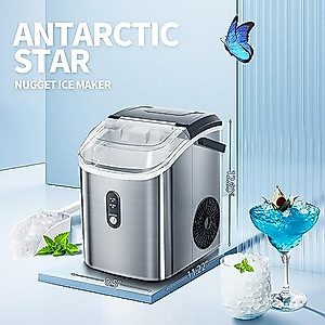 Nugget Countertop Ice Maker with Soft Chewable Ice, 34Lbs/24H, Pebble Portable Ice Machine with Ice Scoop, Self-Cleaning, One-Click Operation, for Kitchen,Office Stainless Steel Silver