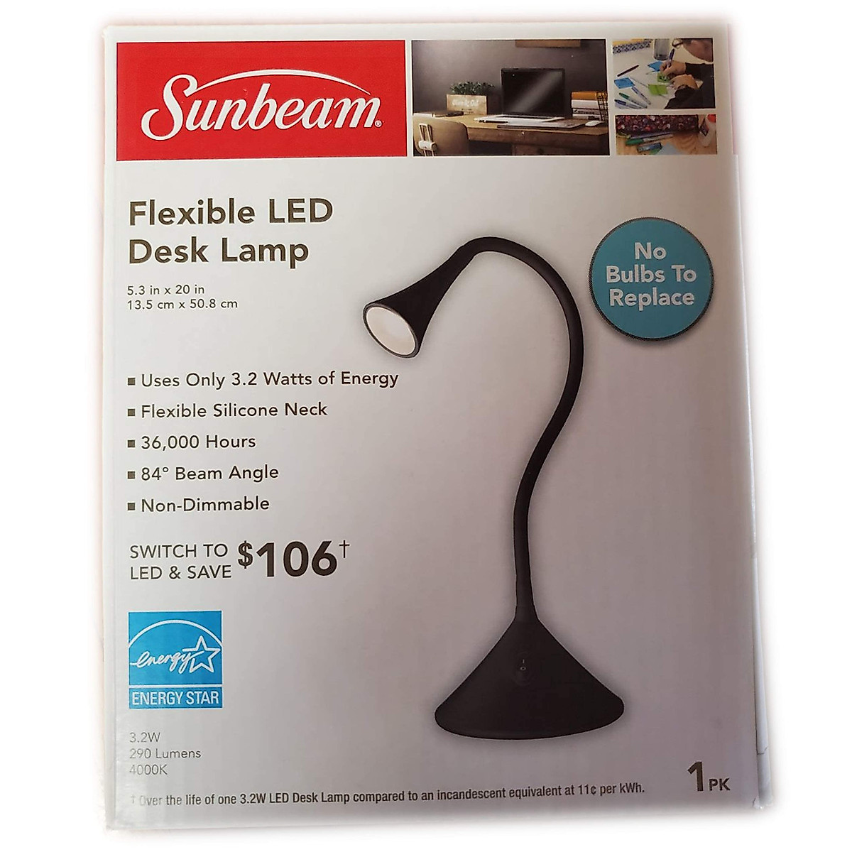 Black Sunbeam Flexible LED Desk Lamp - No Bulbs to Replace- 5.3 in x 20 in - 3.2W - 290 Lumens - 4000K - 36,000 Hours Non-Dimmable