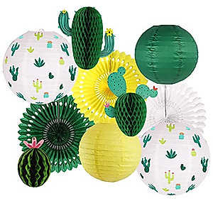 Cactus Party Decorations, Hawaiian Party Supplies Tropical Cactus Hanging Paper Lanterns Cactus Honeycomb Tissue Paper Fans for Llama Birthday Summer Party Home Decoration (Green)