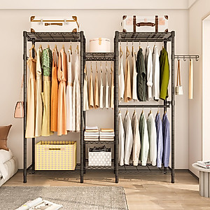 Exglobol Heavy Duty Garment Rack, Portable Wardrobe Clothes Rack Freestanding Adjustable Clothing Rack with 7 Tiers Adjustable Wire Shelving and 4 Hanger Rods, Black