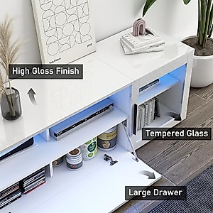 chartustriable 70 Inch Modern TV Stand with Music Sync LED Lights for 75 Inch TV, High Gloss Entertainment Center with Storage Cabinet, TV Media Console for Living Room Bedroom(White)