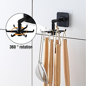 Poouty 360° Rotating Self Adhesive Utility Hook, 2024 New Under Cabinet Hooks Adhesive Kitchen Hooks for Hanging Utensils Holder Hanger Storage Rack for Kitchen Utensils Organizer (6Hooks, 2 Black)