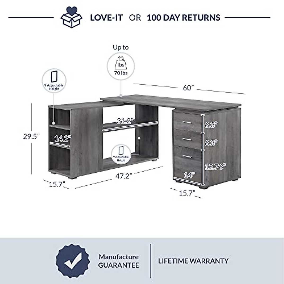 BELLEZE L Shaped Computer Desk, 60” Study Writing Table Home Office Desk Morden Corner Workstation Setup with Adjustable Storage Shelves and 3 Drawers, Gray Wash