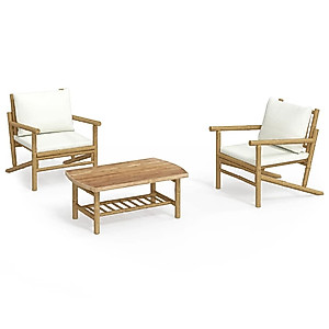 VRAXO 3 Piece Patio Lounge Set with Cream White Cushions Bamboo,Outdoor Furniture Sets-57.2lbs