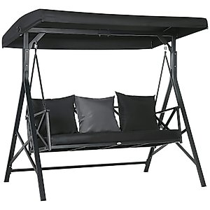 Outsunny 3-Seat Patio Swing Chair, Porch Swing Glider with Cushion, 3 Throw Pillows & Adjustable Canopy for Porch, Garden, Poolside, Backyard, Black