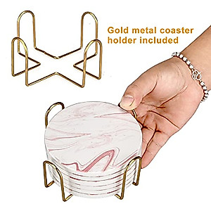 6 Pcs Cute Pink Marble Coasters with Holder Absorbent Ceramic Cup Coasters Best Decorative Round Cool Coaster Set Bar Modern Coasters Table Drink Coasters