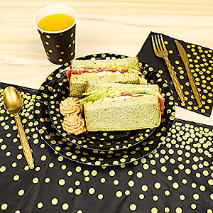 176 Pieces Gold Disposable Party Dinnerware Set &Golden Dot Disposable Party Dinnerware - Black Paper Plates Napkins Cups, Gold Plastic Forks Knives Spoons (25 Guests,176 Pieces)