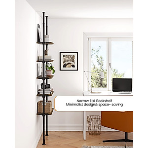 ALLZONE 5 Tiers Narrow Bookshelf, Tall Adjustable Ladder Book Shelf with Open Storage, Floor to Ceiling Tension Mount, Wooden Industrial Bookcase for Living Room, 92 to 116 Inch, Brown