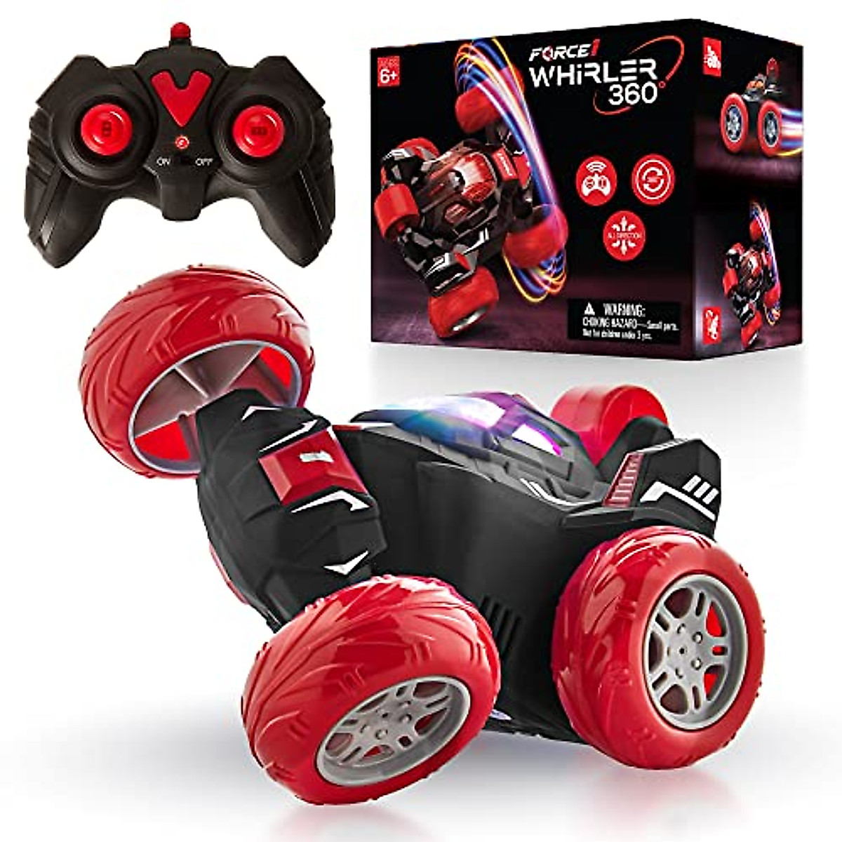 Force1 Whirler 360 Stunt Car Mini RC Car for Kids - Fast Mini Stunt 5 Wheels LEDs 360 Flips Standing Rotating Small RC 2.4 GHZ Rechargeable Remote Control Toy Vehicle for Boys Girls - Red/Black