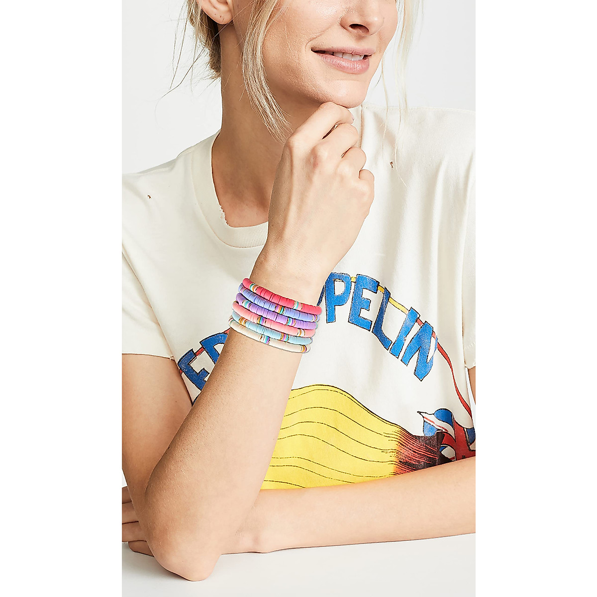 LALAPPLE Preppy Heishi Clay Bead Stretch Bracelets for Women Stackable Gold Pearl Evil Eye Beaded Bracelets Boho Summer Beach Jewelry for Women