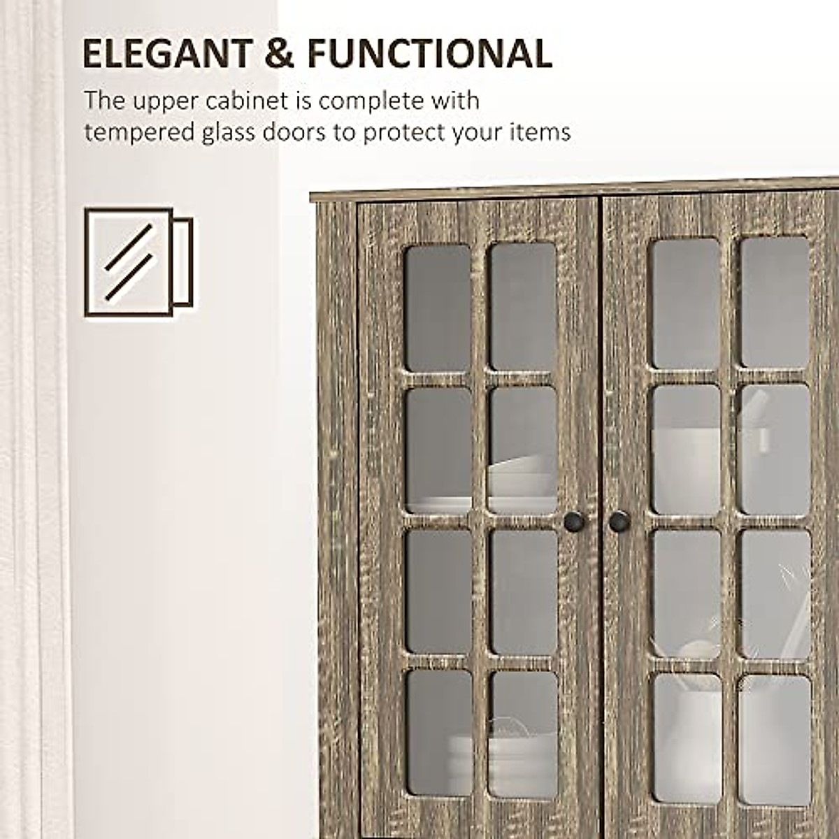 HOMCOM 71" Freestanding Kitchen Pantry Cabinet with Glass Door and Shelves, Tall Cupboard for Dining Room, Living Room, Natural