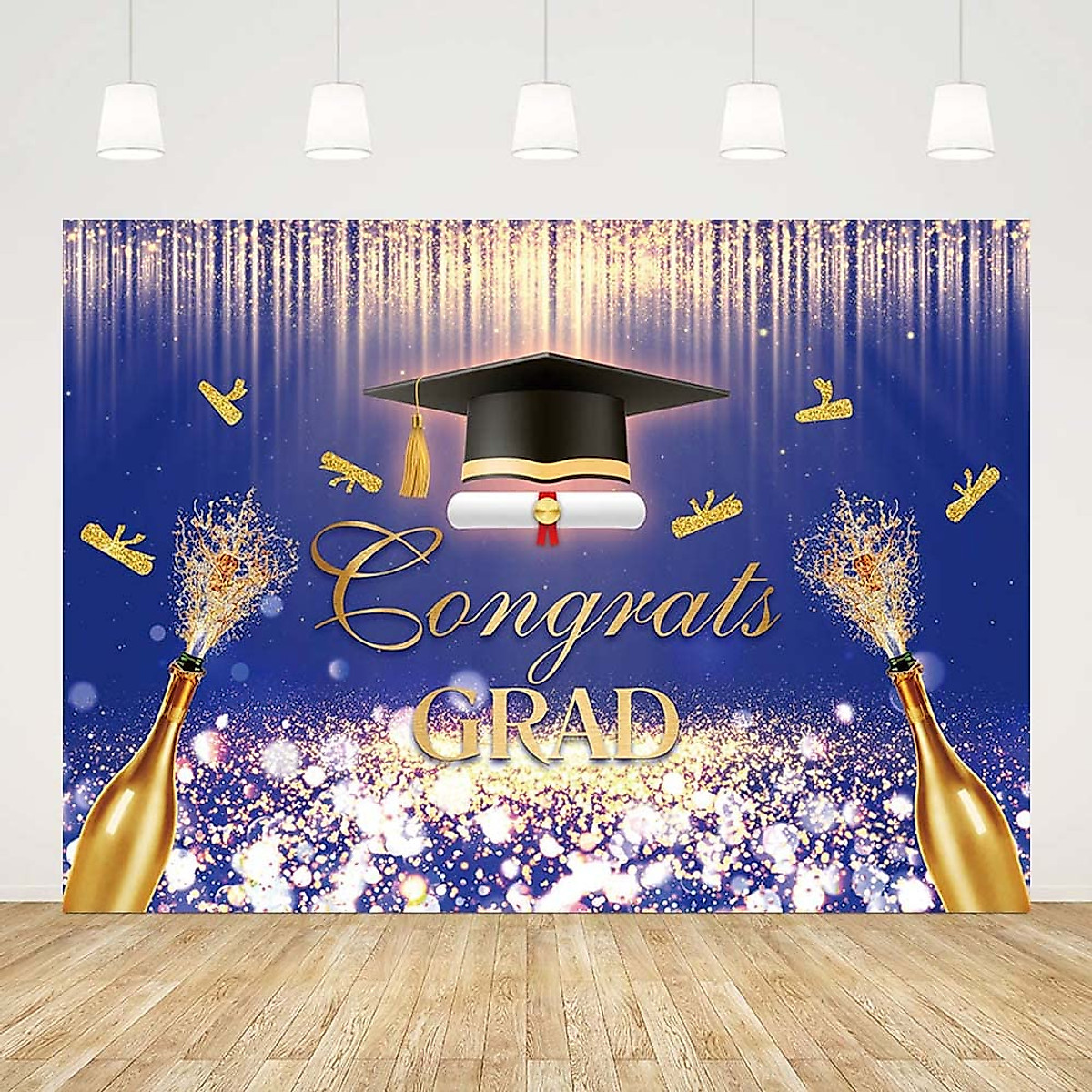 AIBIIN 7x5ft Congrats Grad Backdrop Blue Gold Glitter Graduation Party Decorations Class of 2023 Congratulate Graduation Prom Party Banner Photo Booth Props
