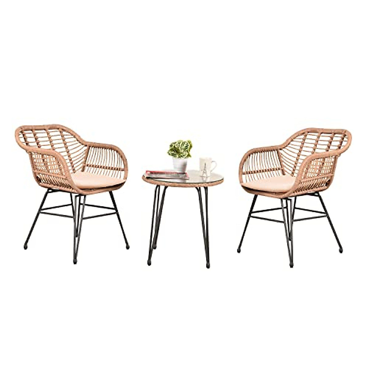 Leasbar 3 Piece Patio Conversation Bistro Set Porch Furniture Rattan Wicker Chairs，Outdoor Modern Garden Furniture Set for Porch Backyard Pool
