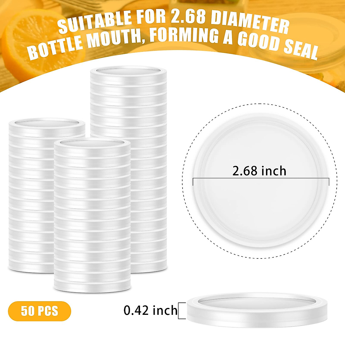 50Pcs Yogurt Jar Lids Set, Yogurt Container Lids Clear Plastic, Reusable Replacement Food Storage Lids for Yogurt Jar Sealing Rings Wide Mouth Storage(2.6inch)