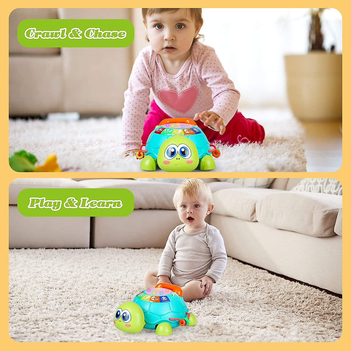 kramow Musical Turtle Toy, Early Educational Developmental Toys, Baby Learning Toy W/Lights & Sounds, Pretend Phone Call,Crawling Baby Toy