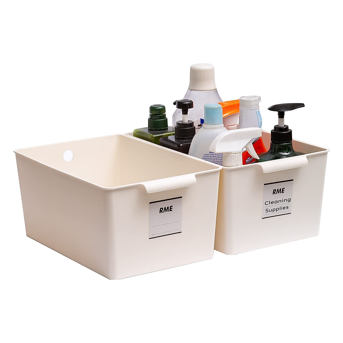 LUFOFOX Set of 2 Plastic Storage Baskets for Shelves with Labels,Small Pantry Organizer,White Storage Tray Baskets for Kitchen,Countertop,Cabinet, Bedroom,Office and Bathroom(Large,White)