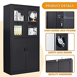 STANI Metal Storage Cabinet, Display Cabinet with Glass Doors, Locking Storage Cabinet with 4 Doors and Adjustable Shelf, Freestanding Metal Cabinet for Home Office Kitchen School