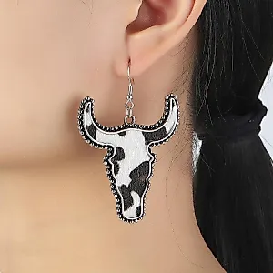 Handmade Funny Western Cowgirl Cowboy Cow Bull Cattle Head Animal Cow Print Drop Dangle Bohemian Ethnic Boho Vintage Earrings Jewelry for Women-1